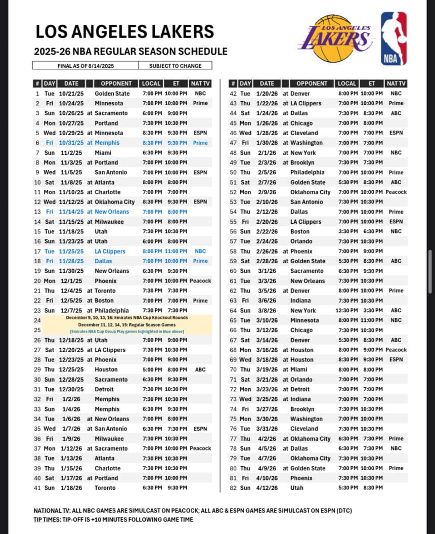 Official 2025-26 Lakers Regular Season Schedule - Lakers Nation